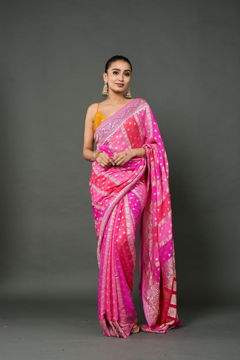 Khaddi Georgette Saree – Pink Leheriya Rangkat with Champagne Zari ...